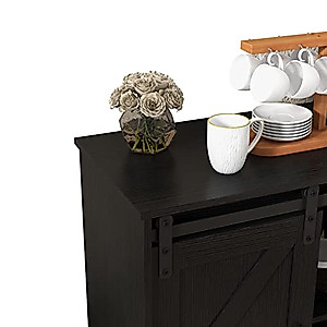 Panana Sliding Barn Door Buffet Sideboard Storage Cabinet Coffee Bar Kitchen Farmhouse Style (Black)