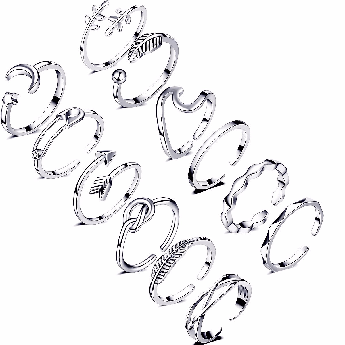 Honsny 12PCS Knuckle Rings for Women Adjustable Rings Arrow Knot Wave Cute Star Moon Band Open Rings Stackable Thumb Joint Finger Silver Rings Set for Teen Girls