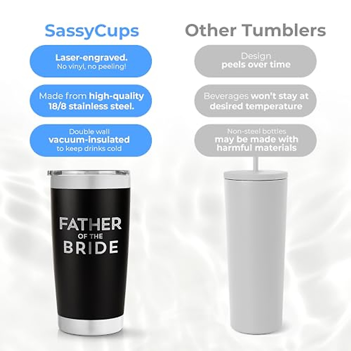 SassyCups Father of the Bride Stainless Steel Vacuum Insulated Tumbler Cup with Lid and Straw - Gift for Dad, Bride, Bridal Shower, Wedding, Engagement Party - Travel Tumbler Bride's Dad Gift -