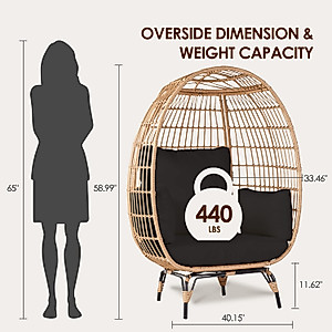 OTSUN Oversized Wicker Egg Chair: Outdoor Indoor Lounger with 4 Cushions, 440lb Capacity, Egg Basket Chair for Living Room, Backyard, Balcony, Patio, Black