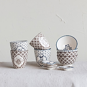 Creative Co-Op Stoneware Painted Fauna, Set of 4, 2 Colors Dish, Ivory