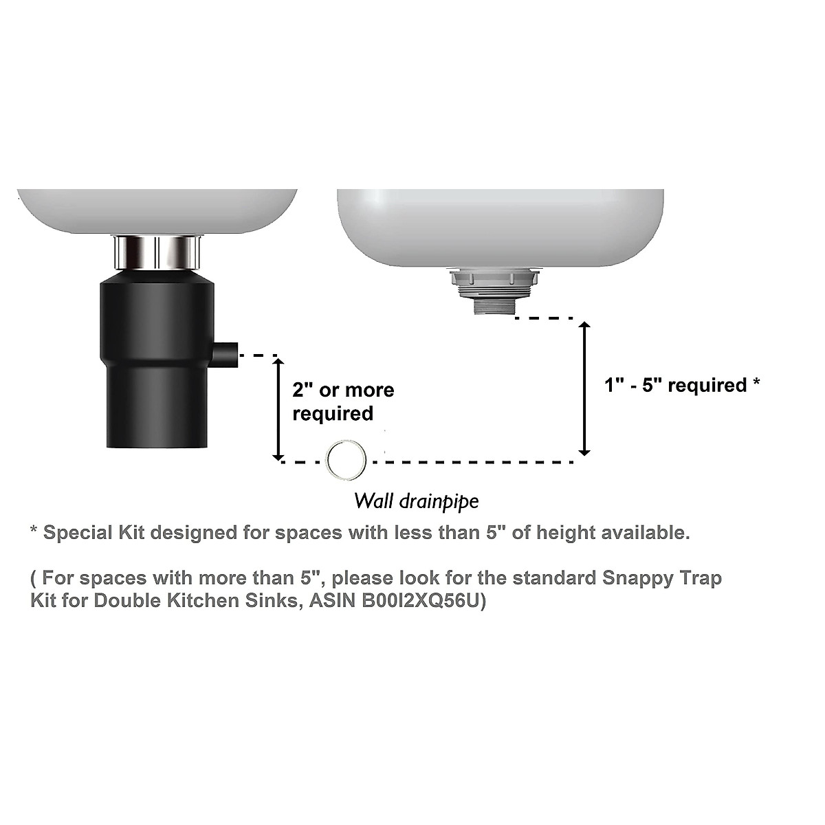 Snappy Trap Special Kit for Double Kitchen Sinks with Limited Vertical Distance between Sink Strainers and Wall Drainpipe