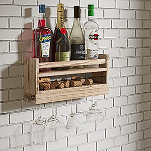 YouHaveSpace Barrel Wall Mounted Wood Wine and Glass Rack with Wire Cork Storage, Hanging Wine Rack for Kitchen, Living Room, Dining Room, Light Burnt Natural
