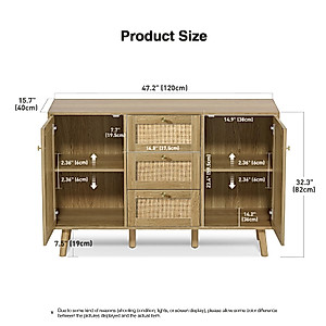 Giluta Sideboard Buffet Cabinet, 3 Drawers Cabinet with 2 Doors Boho Accent Storage Cabinet, Living Room Cupboard Console Table with Adjustable Shelves for Kitchen