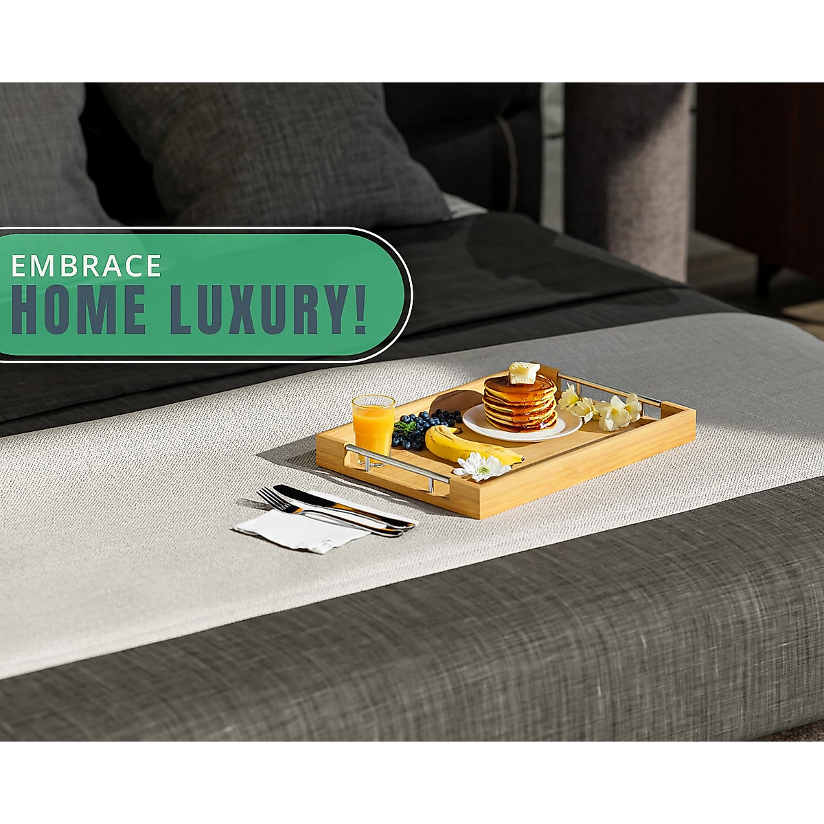 Set of 2 Decorative Serving Trays - Bamboo + Silver Stainless Steel Handles - Coffee Table or Ottoman Tray for Breakfast in Bed Jewelry, Decor Organization - 12"x17" - Pure Bamboo Finish