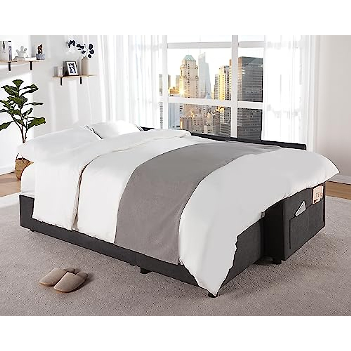 VanAcc Sofa Bed, Modern Tufted Convertible Sleeper Sofa, USB Charging Ports & Cup Holders, Pull Out Couch Bed with Storage Chaise, Chenille Couches for Living Room (Dark Grey)