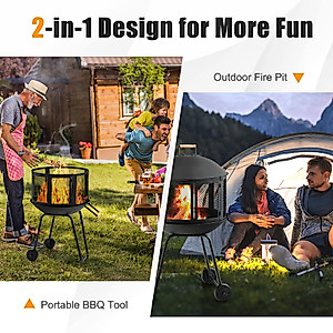 ORALNER Portable Fire Pit on Wheels, 27” Outdoor Wood Burning Firepit Cage w/Spark Screen Cover, Log Grate, Fire Poker, Steel Patio Firepit w/BBQ Grill for Outside Camping, Picnic, Backyard Bonfire