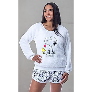 INTIMO Peanuts Womens' Snoopy and Woodstock Sweater and Shorts Sleep Pajama Set (M) White
