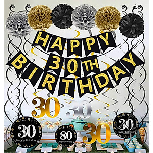 Famoby Black & Gold Glittery Happy 30th Birthday Banner,Poms,Sparkling 30 Hanging Swirls Kit for 30th Birthday Party 30th Anniversary Decorations Supplies