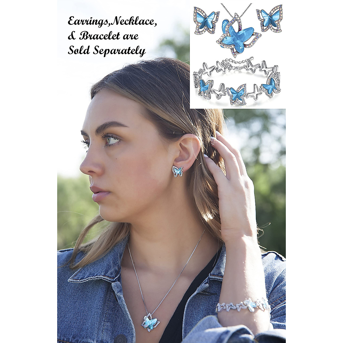 GEMMANCE Butterfly Crystal Necklace with Aquamarine Blue Birthstone for March and December, Silver-Tone, 18”+2” Chain