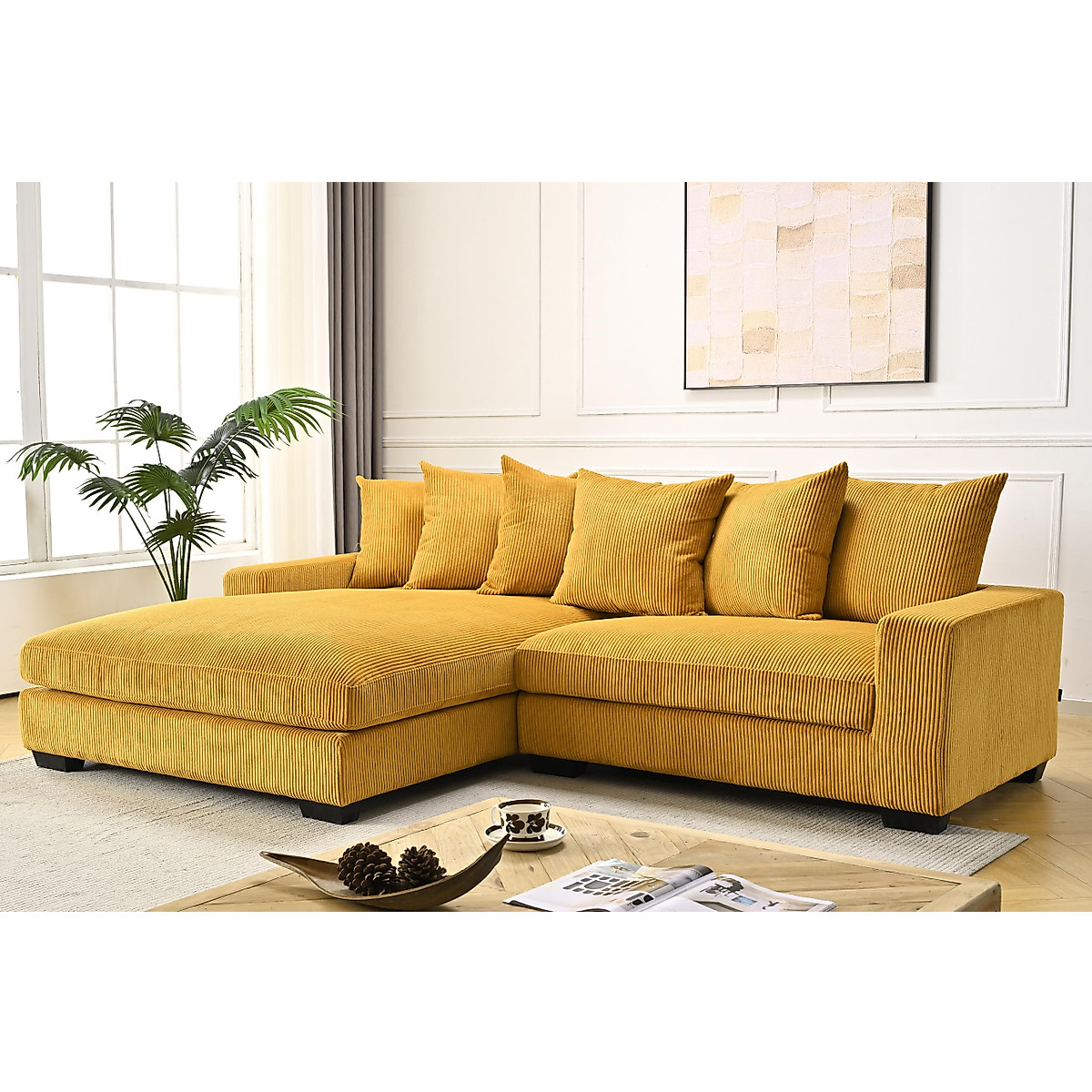 Container Furniture Direct Luxe Oversized Two-Piece Sectional Couches for Living Room, 102.4-Inch L Shaped Sofa with Chaise, Upholstered with Corduroy Fabric, Ginger Yellow -Left Facing