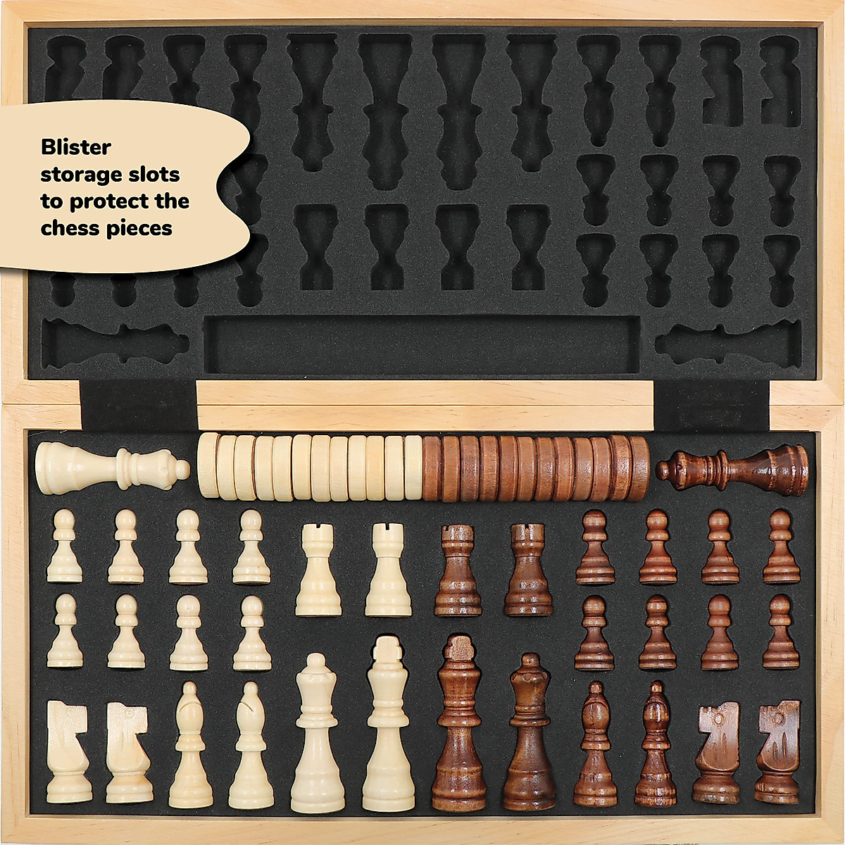 Funshpiel Magnetic Wood Checkers and Chess Set – Premium Handcrafted Chess Board Set with 2 Extra Queens, Chess and Checkers Set for Kids and Adults, Compact and Foldable Design, 15-inch Board Games