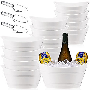 Geelin 12 Pcs Plastic Ice Bucket Ice Tub Clear Wine Champagne Wine Bucket Beer Bucket Drink Bucket Cooler Chiller Bin Parties Oval Storage Tub with 3 Ice Scoops for Cocktail (White)
