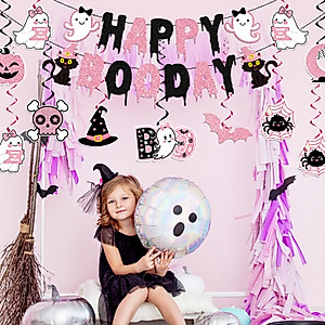 Pink Halloween Party Decorations, Halloween Birthday Party Decorations Includes Happy Boo Day Banner and Halloween Hanging Swirls, Pink Halloween Party Decor for Halloween Outdoor Indoor Supplies
