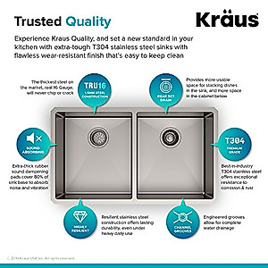 Kraus Standard PRO 33-inch 16 Gauge Undermount 50/50 Double Bowl Stainless Steel Kitchen Sink, KHU102-33