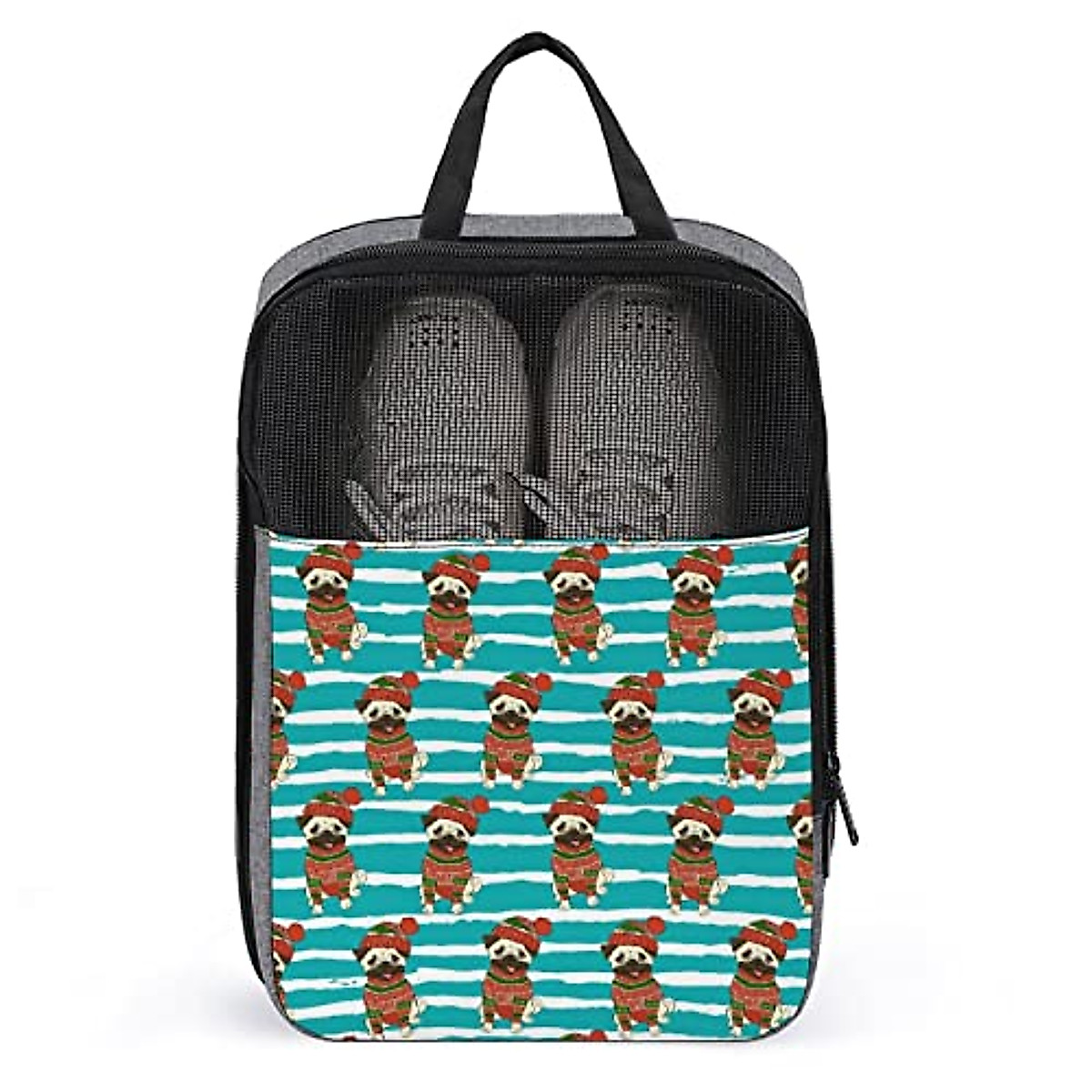 Frcavbin Christmas Holidays with A Pug in Sweater And Winter Hat Travel Shoe Bag Shoes Carrier with Handle and Zipper Foldable Shoe Puches Organizer for Home storage School starts