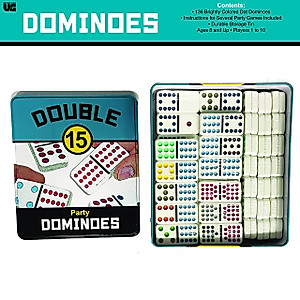 Front Porch Classics, Double 15 Color Dot Dominoes Set On-The-Go Travel Storage Tin, 2 to 12 Players Ages 8 to 99