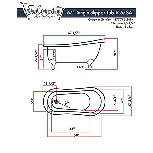 Freestanding 67" Acrylic Slipper Bathtub with NO Faucet Holes & Oil Rubbed Bronze Feet- "Miller"