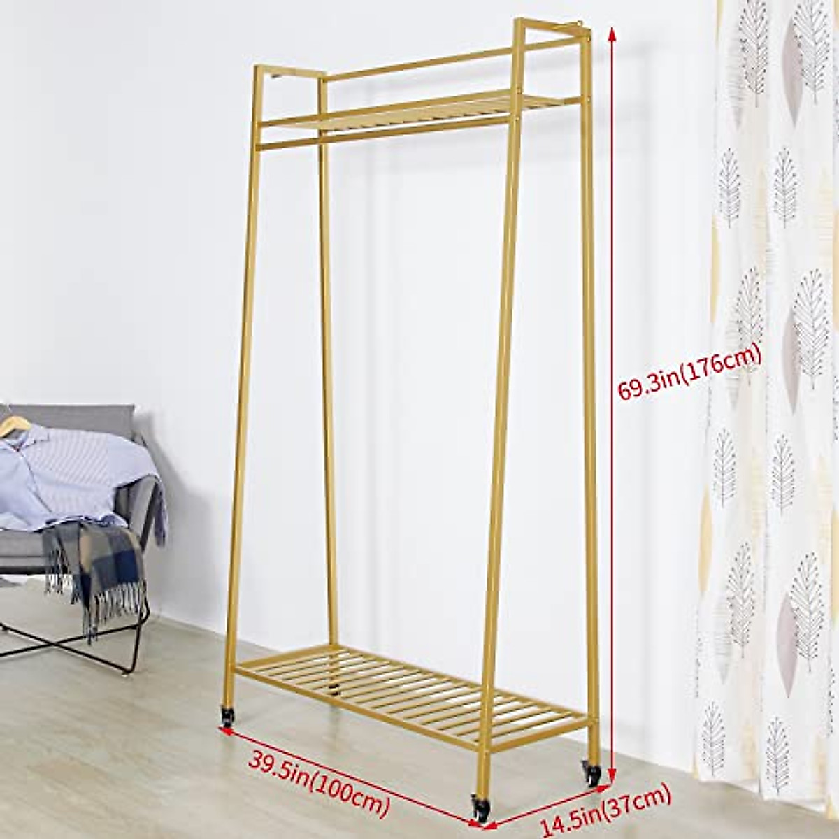 RZGY Clothes Rack Portable Extra Garment Rack with Wheels & Shelves, Metal Rolling Clothing Rack for Hanging Clothes, Sturdy Organizer for Clothes, Gold