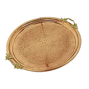 Hammered Copper Serving Tray with Brass Handle - Decorative Round Coffee Table Tray - Multi-Purpose Kitchen Food Tray Decorative for Breakfast, Dinner, and Parties, 14 Inch (Flower Design)
