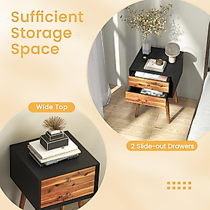 Giantex Nightstand with 2 Drawers Set of 2, Mid Century Modern Bedside Table with Solid Wood Legs, Practical End Side Table for Living Room Bedroom Small Space, Night Stand, Black & Walnut