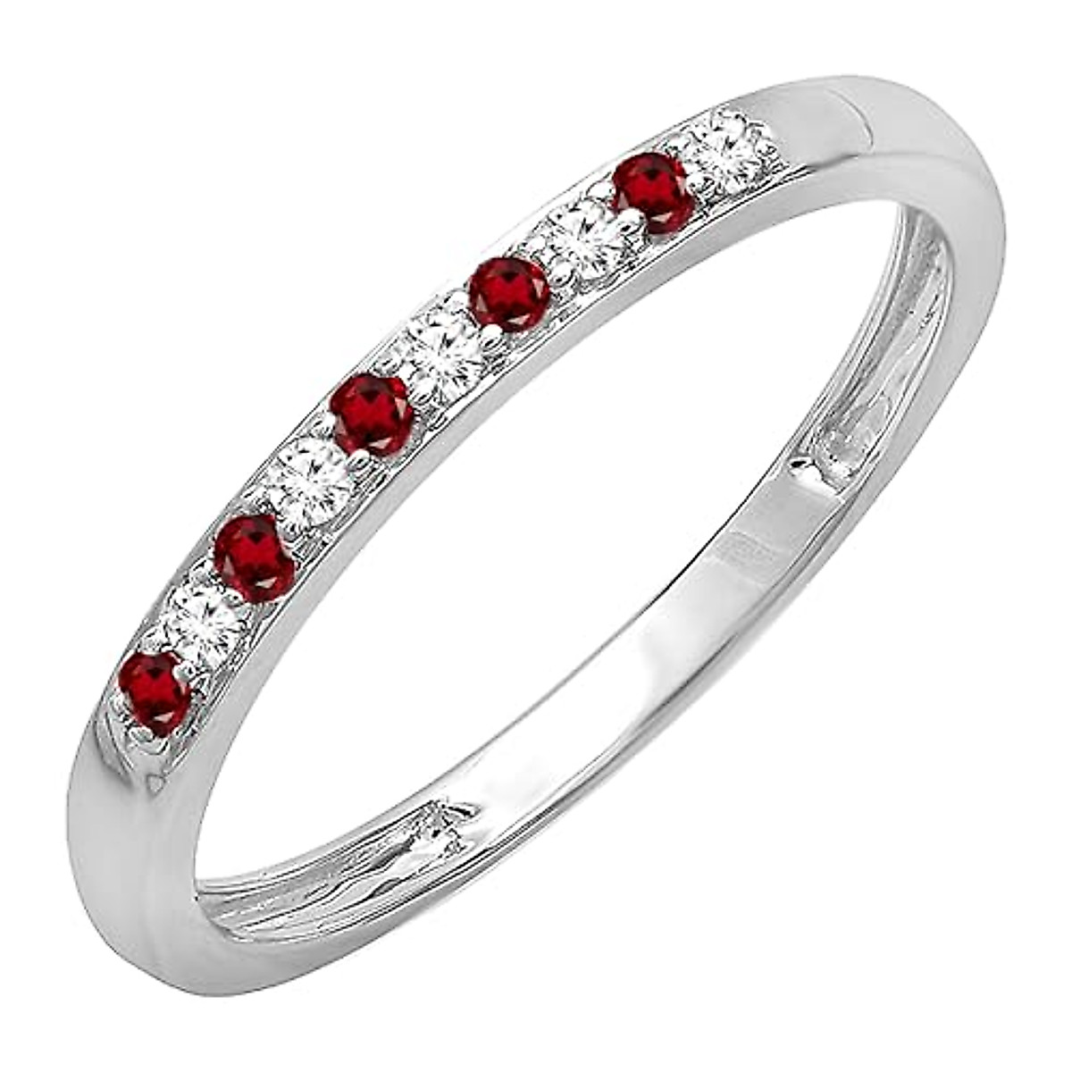 Dazzlingrock Collection Round Garnet & White Diamond Alternate Stone Minimalistic Stackable Ring for Women in 10K Solid White Gold, Size 7