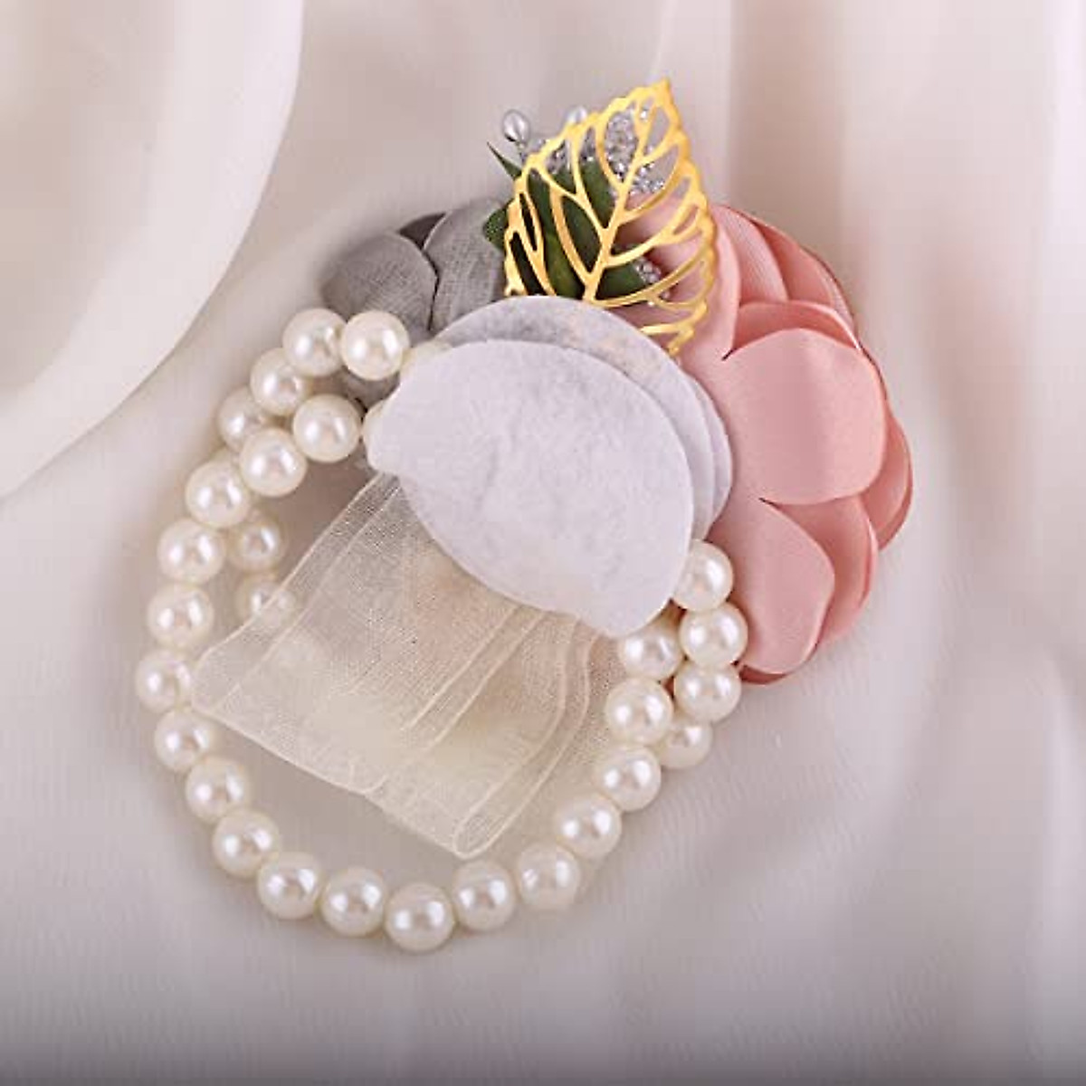 Elandy 1PC Rose Flower Wedding Bride Wrist Corsage Wristlet Band Faux Pearl Bracelet Bridesmaid Wrist Corsage Decor for Wedding Prom Party