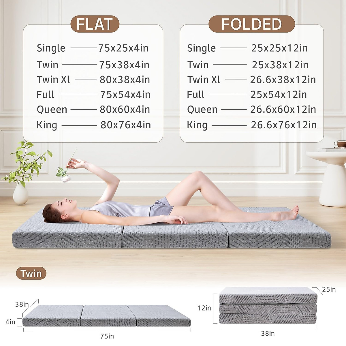 MUUEGM Folding Mattress, 4 Inch Twin Tri-fold Memory Foam Mattress, Foldable Mattress with Washable Cover, Trifold Mattress for Yoga/Camping/RV/Guest Beds,CertiPUR-US Certified