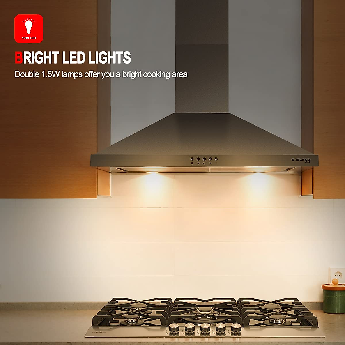 30" Wall Mount Range Hood, GASLAND Chef ECO PR30SP Ducted Kitchen Stove Hood with LED lights, 3 Speed Exhaust Fan, Push Button Control, Aluminum Filter