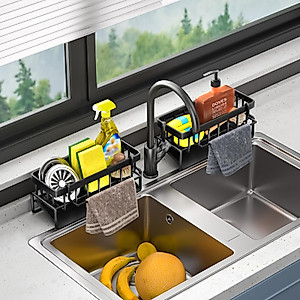 LURVUO Kitchen Sink Caddy,Sponge Holder for Kitchen Sink Organizer, Rustproof 304 Stainless Steel Sponge Organizer,Dish Sponger Holder for Bathroom and Kitchen Supplies(Black)