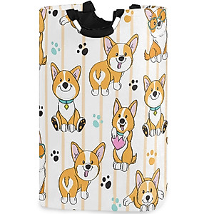 visesunny Large Capacity Laundry Hamper Basket Cartoon Corgi Dog Water-Resistant Oxford Cloth Storage Baskets for Bedroom, Bathroom, Dorm, Kids Room
