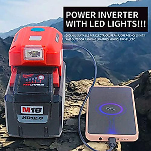 Fiihio 150W Portable Power Inverter Compatible with Milwaukee 18V Lithium Battery,with AC Outlet Dual USB and 200LM LED 18V DC to 120V AC for Tool Room,Garage,Camping etc(Batteries not Included)