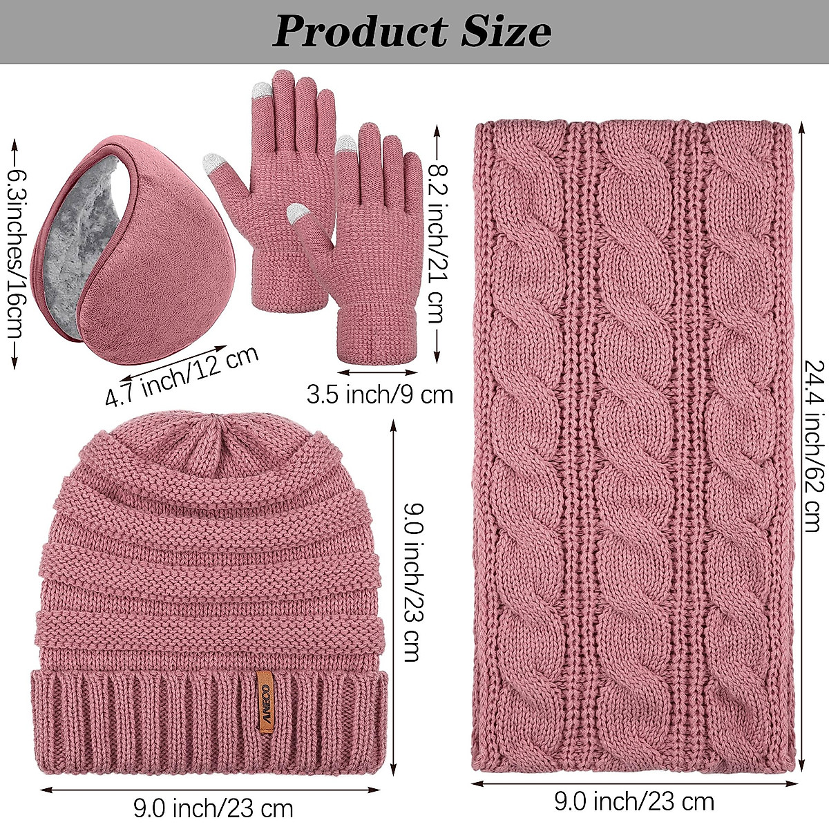 Aneco Winter Warm Sets Knitted Scarf Beanie Hat Touch Screen Gloves and Winter Ear Warmer for Men or Women