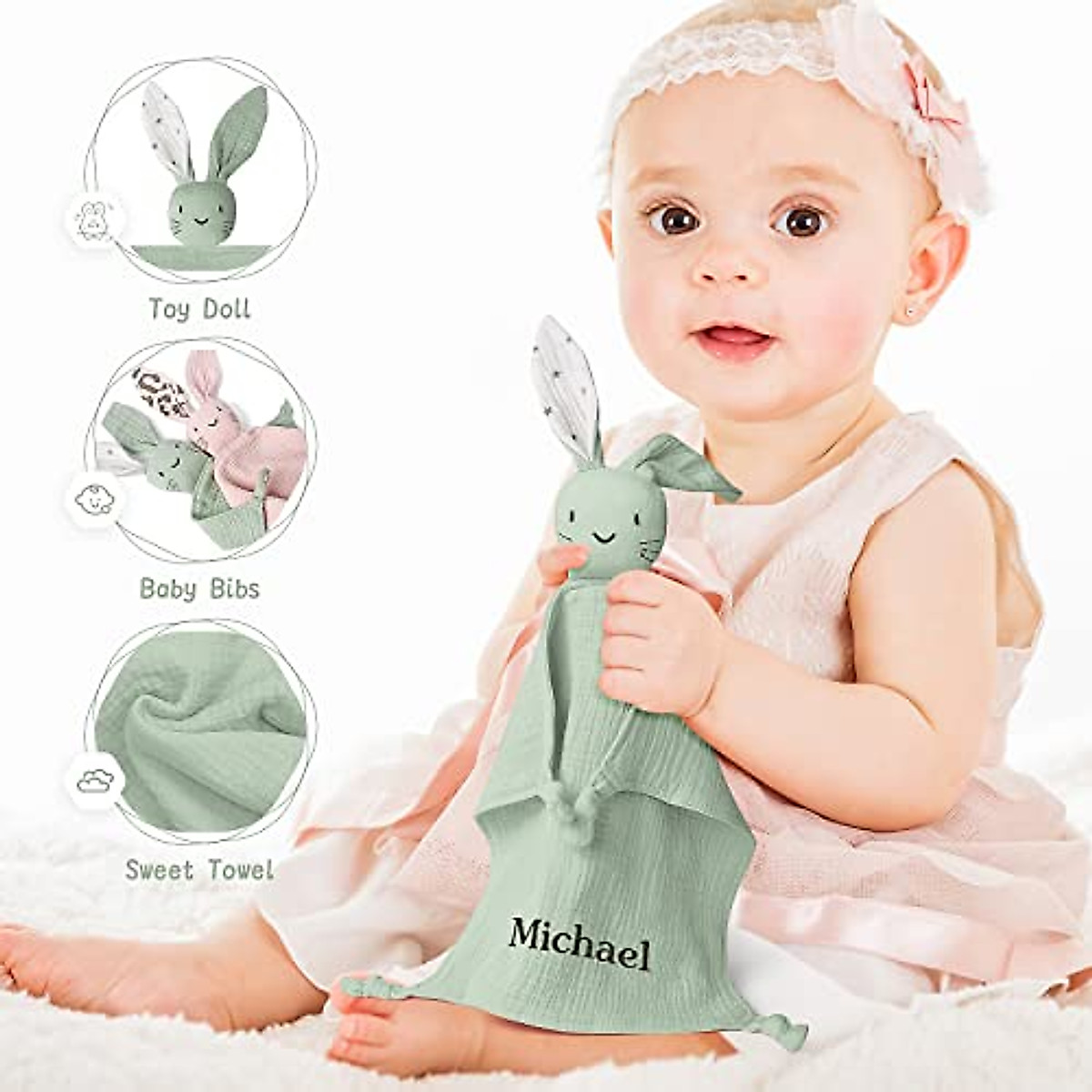 TYRY.HU Personalized Security Blanket with Name, Embroidered Baby Comforter, Organic Cotton Muslin Lovey Security Blanket, Soft & Breathable Lovie Baby Gifts for Boys and Girls, Green