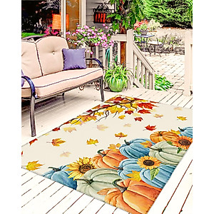 Thanksgiving Fall Outdoor Rugs for 5'x8' Patios Clearance, RV Camping Mat Rug Portable Outside Rug Indoor Outdoor Area Rug Mat for Beach Deck Pool Pumpkin Autumn Maple Leaves