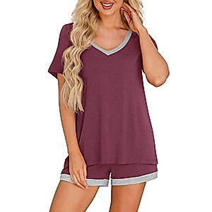 PrinStory Women's Pajama Set Short Sleeve Shirt and Shorts Sleepwear Pjs Sets with Pockets Purple Red-X-Large