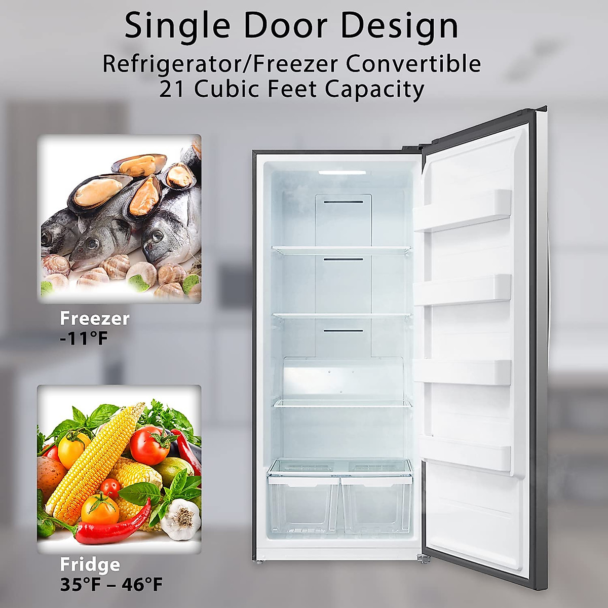Smad 21 Cu.Ft. Upright Freezer, Convertible Refrigerator Freezer with LED Control Panel, Door Ajar Alarm, Stand Up Frost Free Freezer for Garage, Kitchen, Home, Office, Stainless Steel