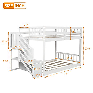 SOFTSEA Twin Over Twin Low Bunk Bed with Stairs Solid Wood Floor Bunk Beds for Boys and Girls Floor Bunk Bed No Box Spring Required (White)