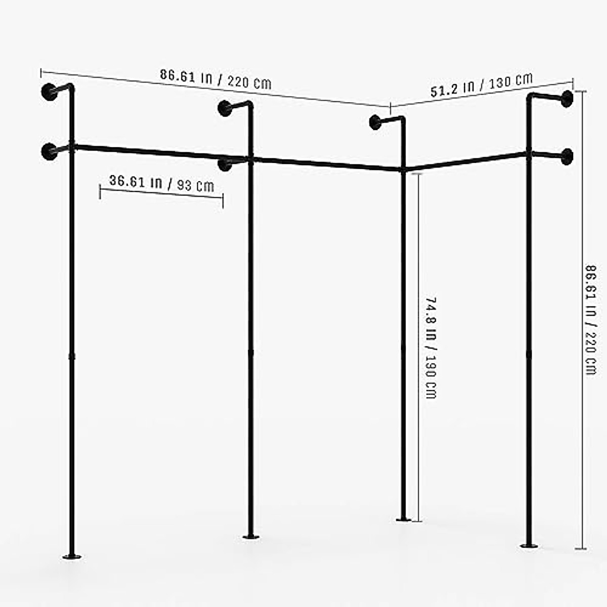 pamo Industrial Loft Design Kim III Edge Clothes Rail Over Corner Coat Rack for Walk-In Wardrobe Wall I Bedroom Clothes Rack Made of Black Sturdy Tubes for Wall Mounting
