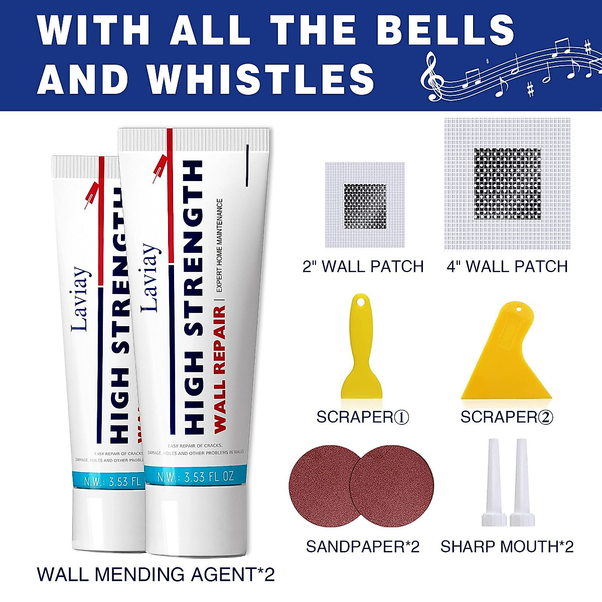 Laviay Drywall Repair Kit - 2 Pack Spackle Wall Repair with All The Bells and Whistles | Effortlessly Drywall Patch Kit & High Strength Small/Large Hole Repair | Fast-Drying Wall Patch Repair Kit