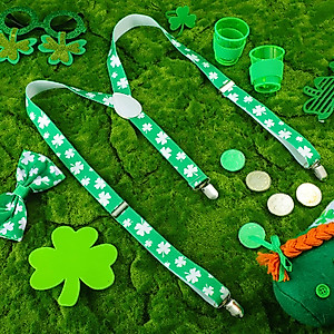 Geyoga St Patricks Green Suspenders St Patricks Day Suspenders Adjustable Elastic Men's Suspenders with Clips Shamrocks Suspender with Shamrocks Bowtie Cups Pins Saint Patricks Day Accessories