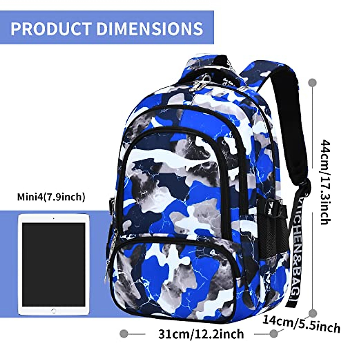 Yvechus Camo Backpack for Kids, Lightweight Camo Backpack Elementary Middle School Backpack Water Repellent Bookbag (Camo Blue 2 in 1)