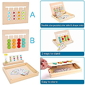 Montessori Learning Toys Slide Puzzle Color & Shape Matching Brain Teasers Logic Game Preschool Educational Wooden Toys for Kids Boys Girls Age 3 4 5 6 7 Years Old Travel Toys Birthday Gifts for Kids