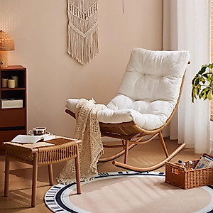 NRNQMTFZ Patio Rattan Rocker Chair,Upholstered Nursing Armchair,Modern Rocking Chair with High Backrest,Nursery Rocking Chair,Comfy Side Chair,for Garden Backyard Porch(White)