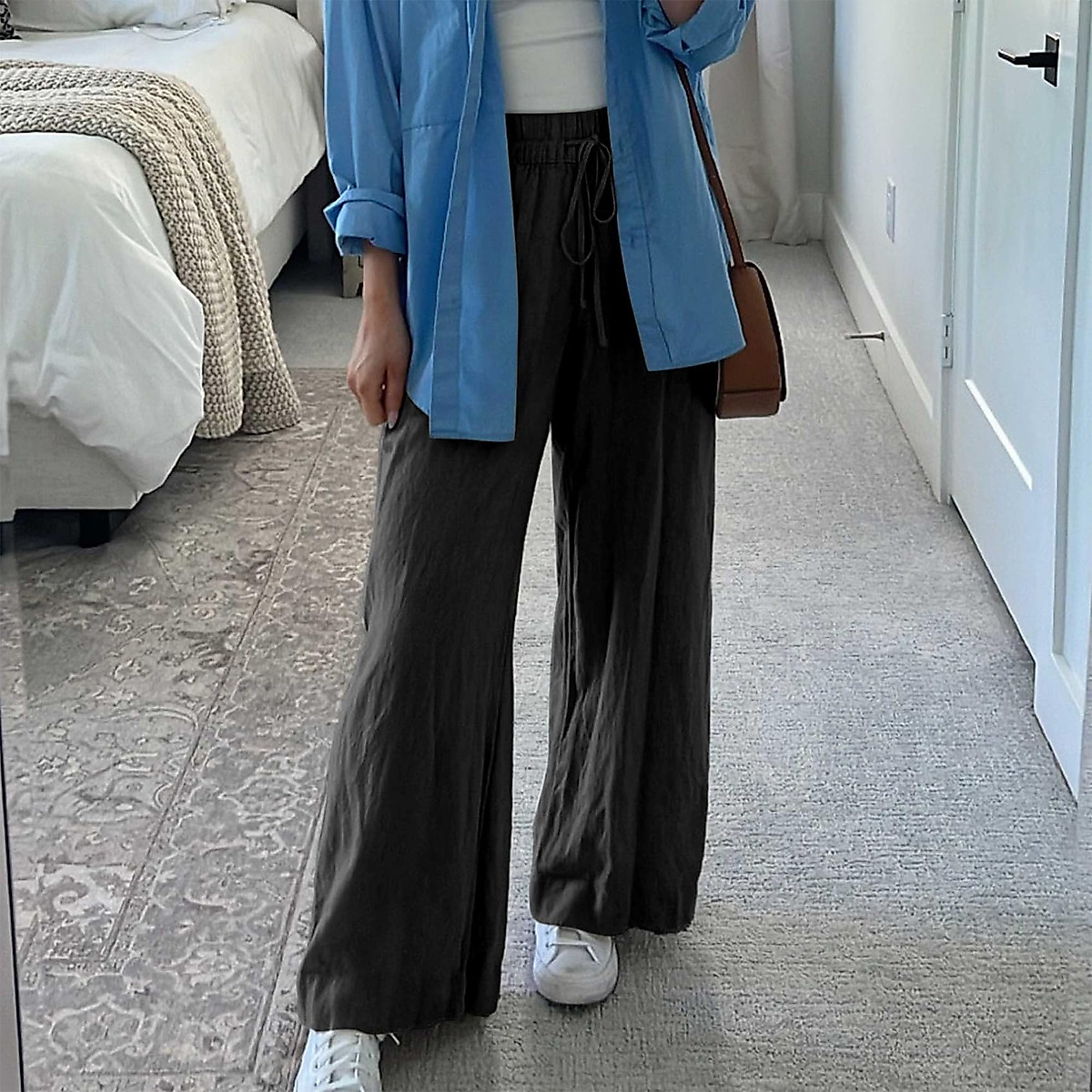 Duyang Womens Cotton Linen Palazzo Pants Drawstring Elastic Waist Casual Wide Leg Trousers with Pockets(Black,XL)