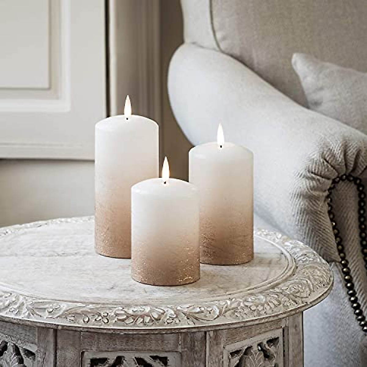 Lights4fun, Inc. Set of 3 TruGlow Bronze Ombre Wax Flameless LED Battery Operated Pillar Candles with Remote Control