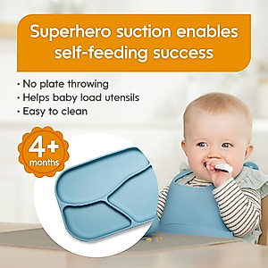 NumNum Silicone Toddler Suction Plates for Baby - 100% Food Grade Divided Plate w/Easy Release Tab, BPA Free & Dishwasher Safe - Non-Slip Dishes for High Top, Dining Table - 2 Pack, Blue/Green