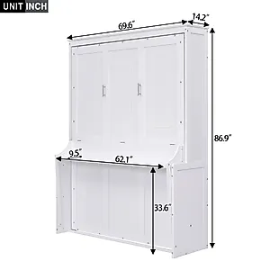 YSWH Queen Size High Murphy Bed Chest, Wood Murphy Bed Frame with Shelf Desk, Mobile Versatile Chest Bed Folding Bed for Bedroom Furniture, Foldable Platform Bed Folded into Cabinet (White)