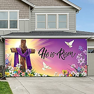 Outdoor Easter Garage Door Banner Cover He is Risen Backdrop Easter Decorations Extra Large Jesus Cross Religious Banner Background for Spring Home Outdoor Indoor Easter Party Supplies 6.1 x 13 ft