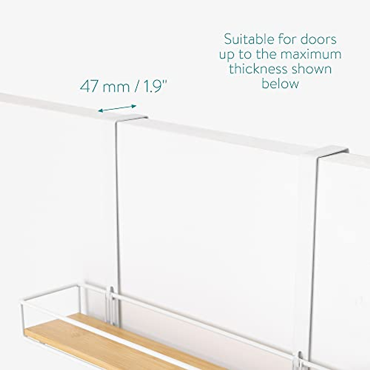 Navaris Over The Door Organizer - Metal and Bamboo Hanging Storage Rack with 2 Shelves and 5 Hooks - Shelf Hanger for Pantry, Bathroom, Closet - White